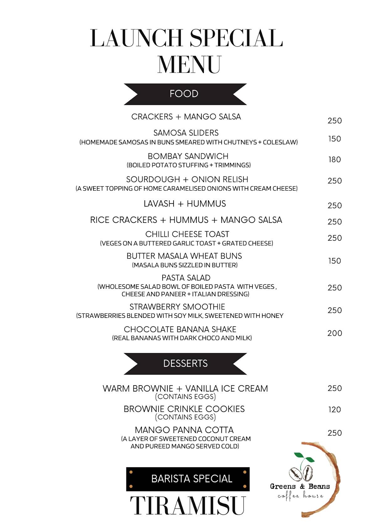 Menu at Greens & Beans, Agra