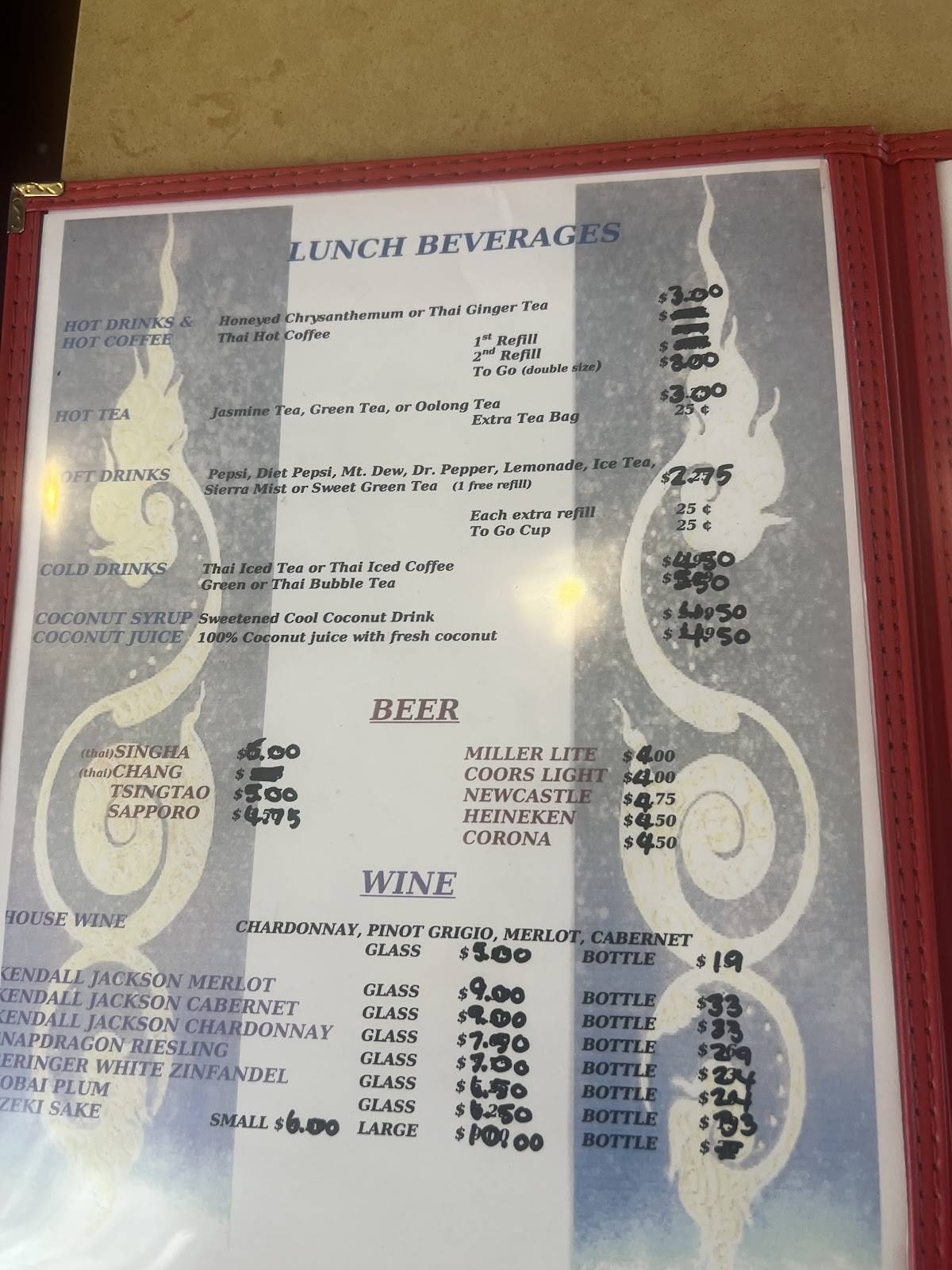 Menu at Thai Spice restaurant, Indianapolis