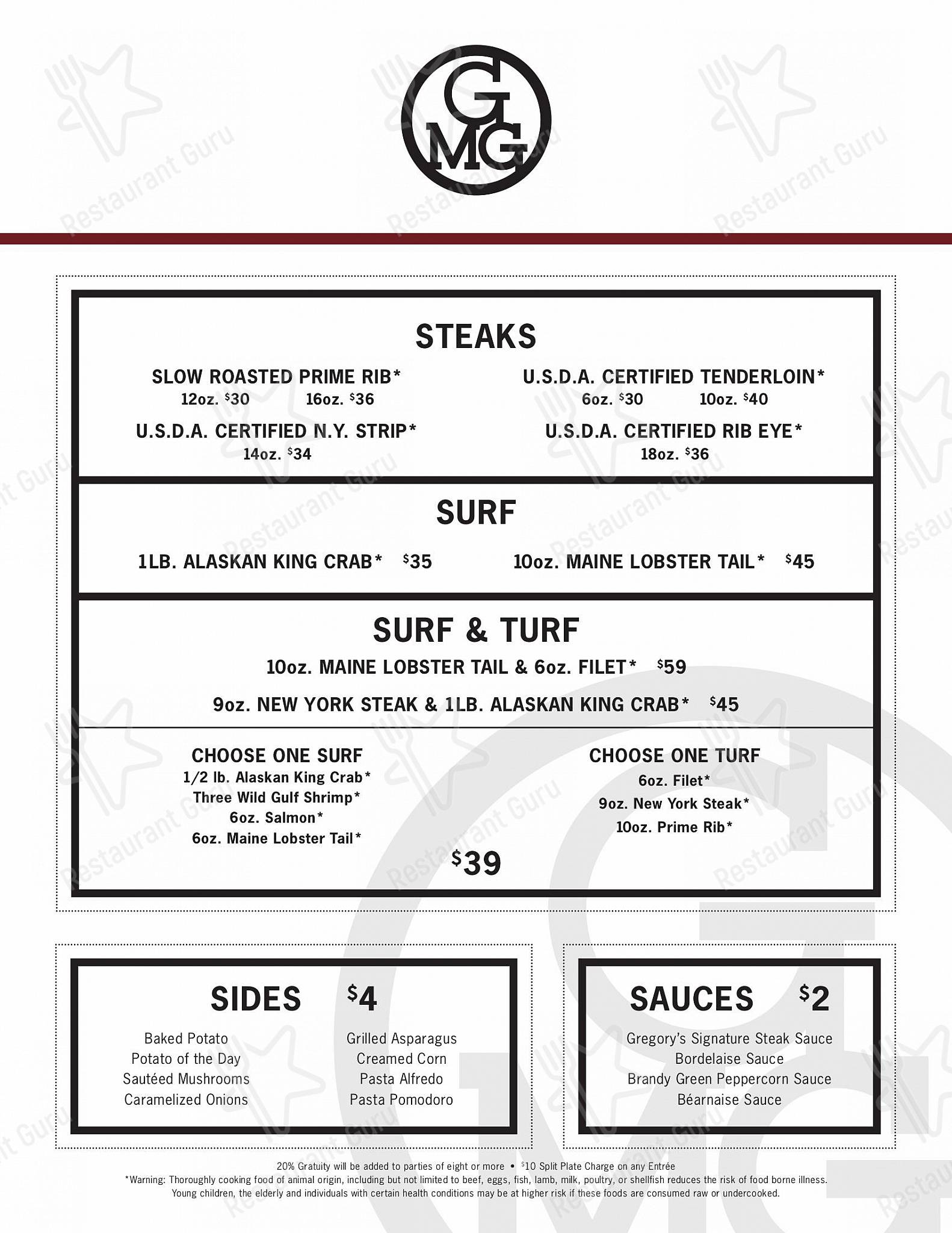 Menu at Gregory's Mesquite Grill steakhouse, Mesquite