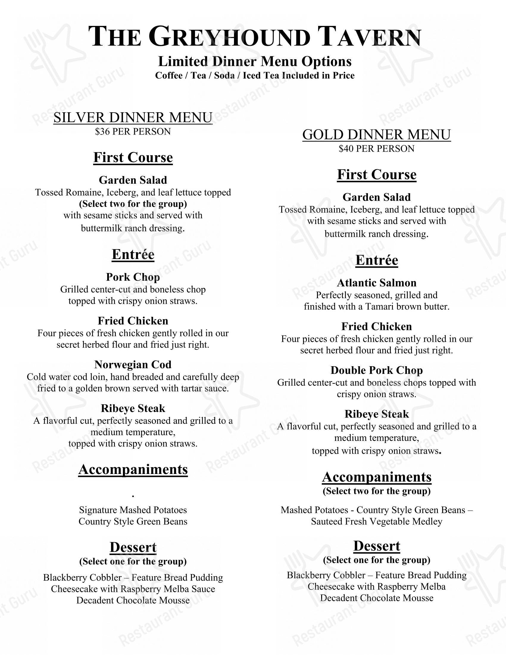 Menu at Greyhound Tavern restaurant, Fort Mitchell