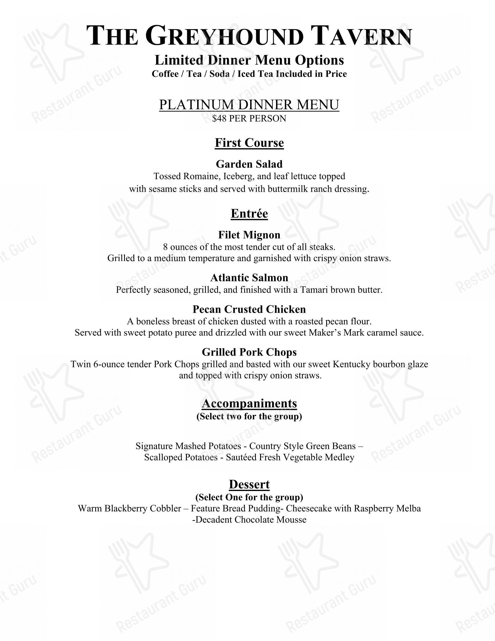 Menu at Greyhound Tavern restaurant, Fort Mitchell