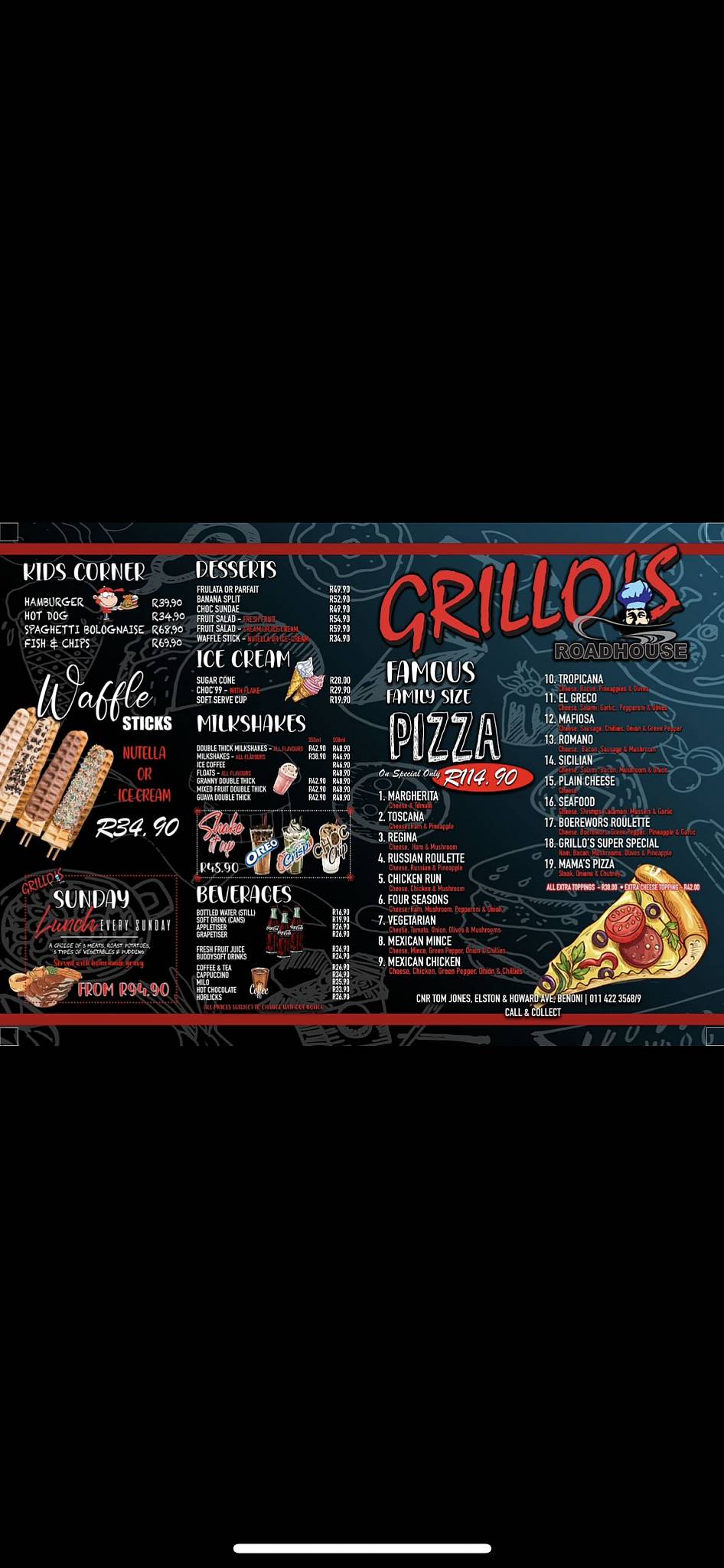 Menu at Grillo's Roadhouse restaurant, Boksburg