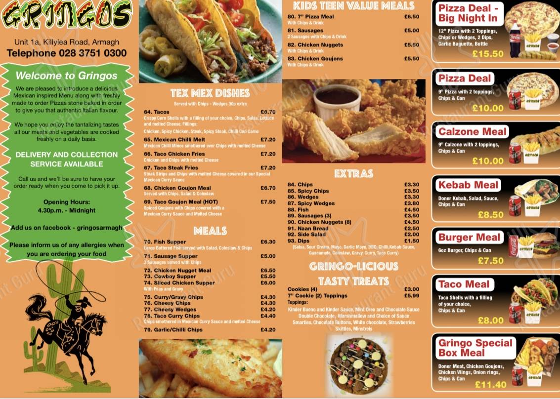 Menu at Gringos pizzeria, Armagh