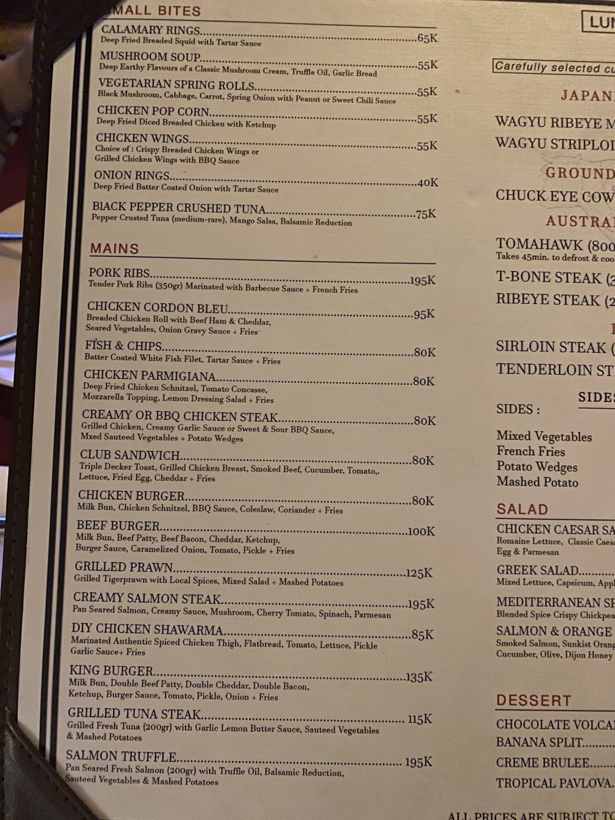 Menu at Ground Zero Kitchen restaurant, Kuta Selatan
