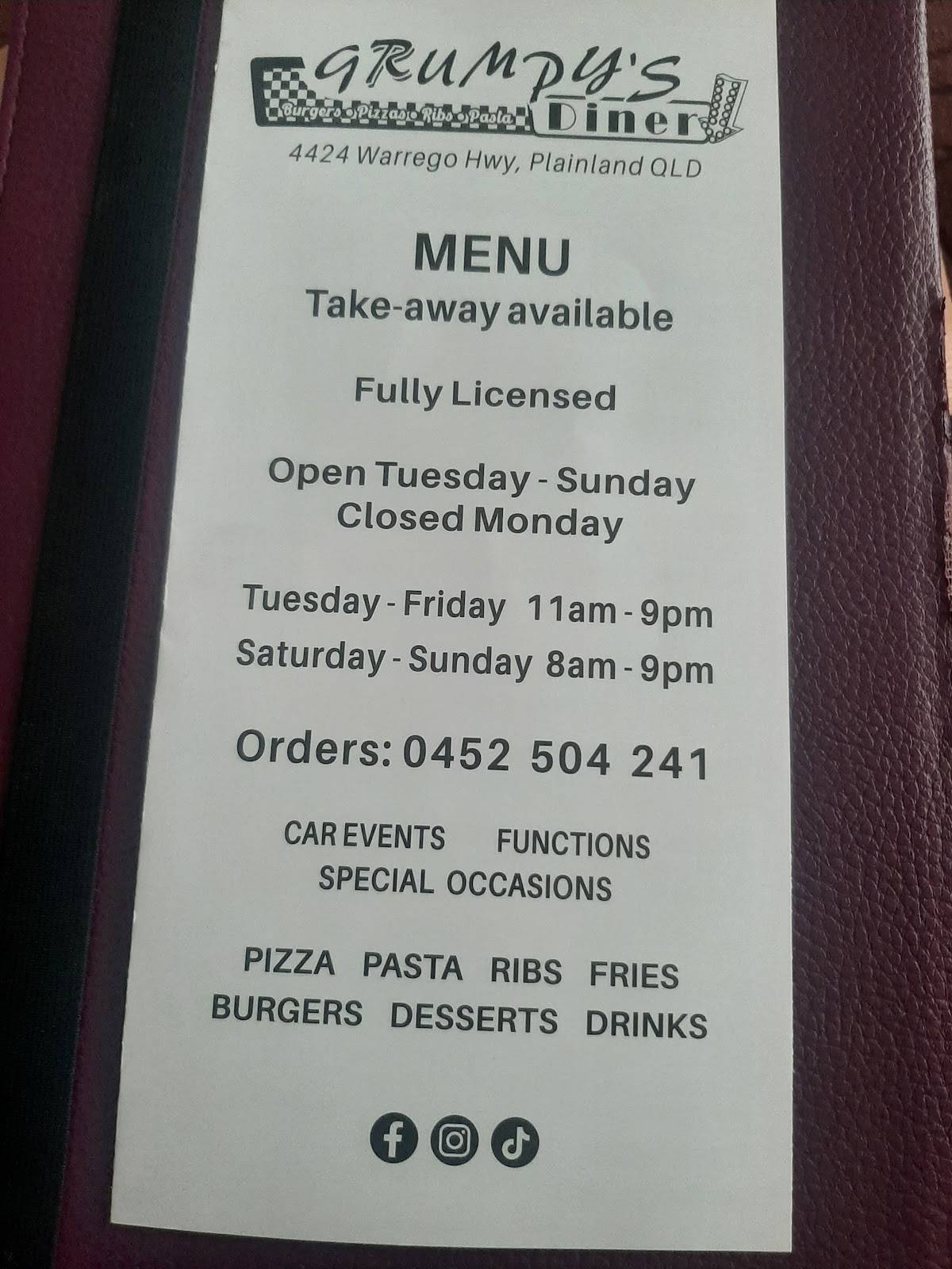 Menu at Grumpys diner restaurant, Plainland