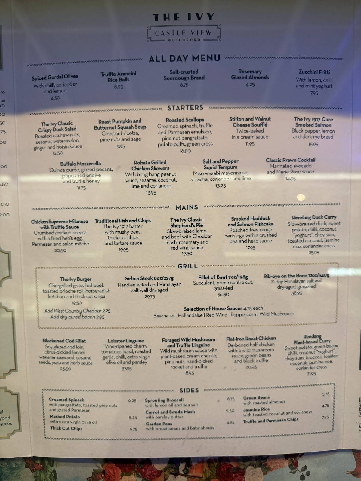 Menu at The Ivy Castle View restaurant, Guildford