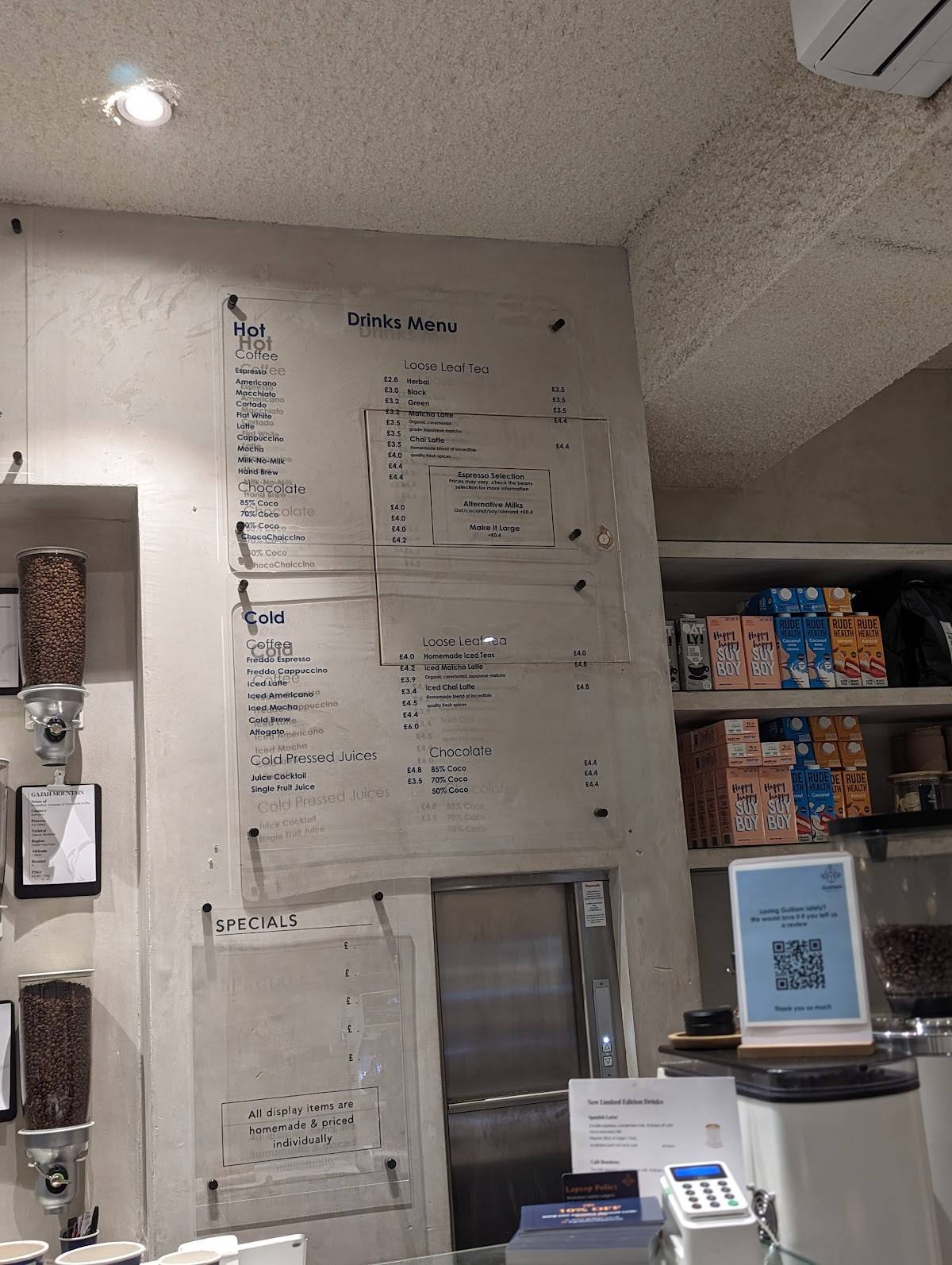 Menu at Guillam Coffee House, London, 24 Gloucester Rd