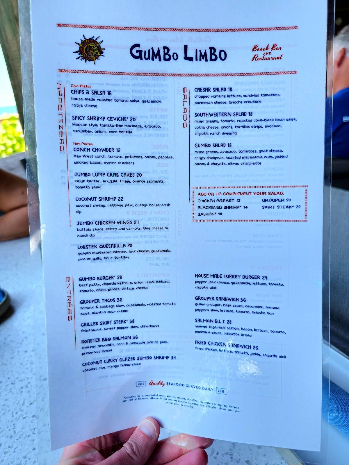 Menu at Gumbo Limbo pub & bar, Naples, 280 Vanderbilt Beach Rd