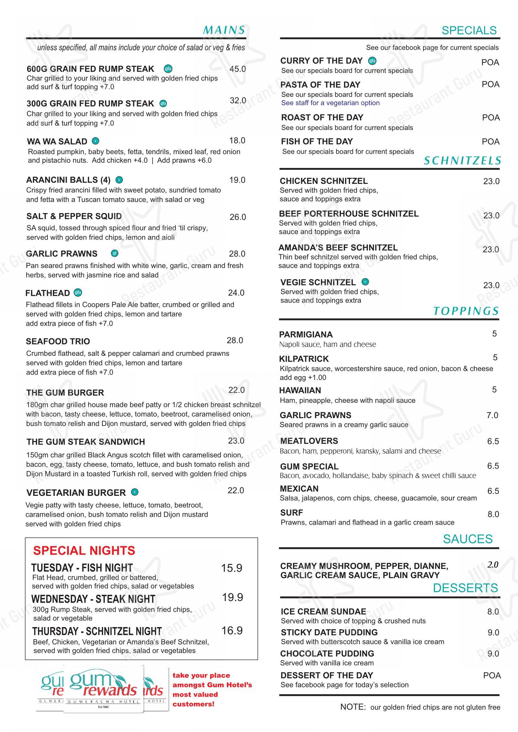 Menu at Gumeracha Hotel pub & bar, Gumeracha