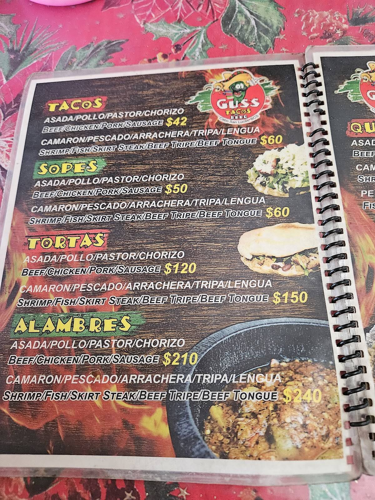 Menu at Guss Tacos restaurant, Cabo San Lucas, Blvd Lazaro Cardenas ...
