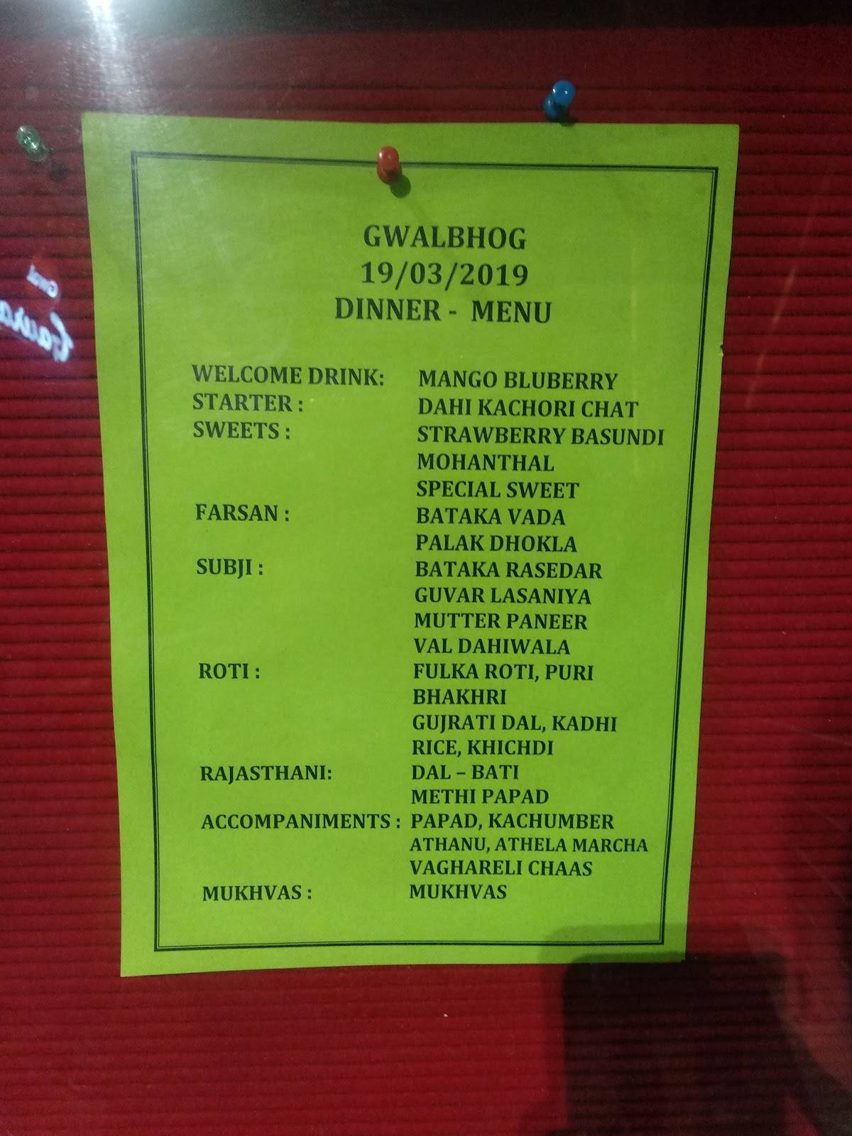 Menu at GwalBhog, Motera Chandkheda, Ahmedabad