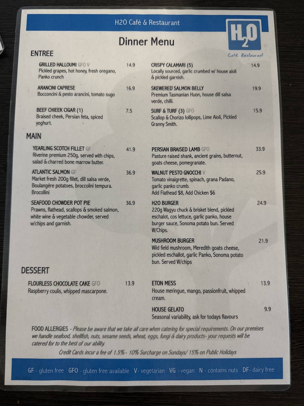 Menu at H2O Cafe Restaurant, Narrabeen