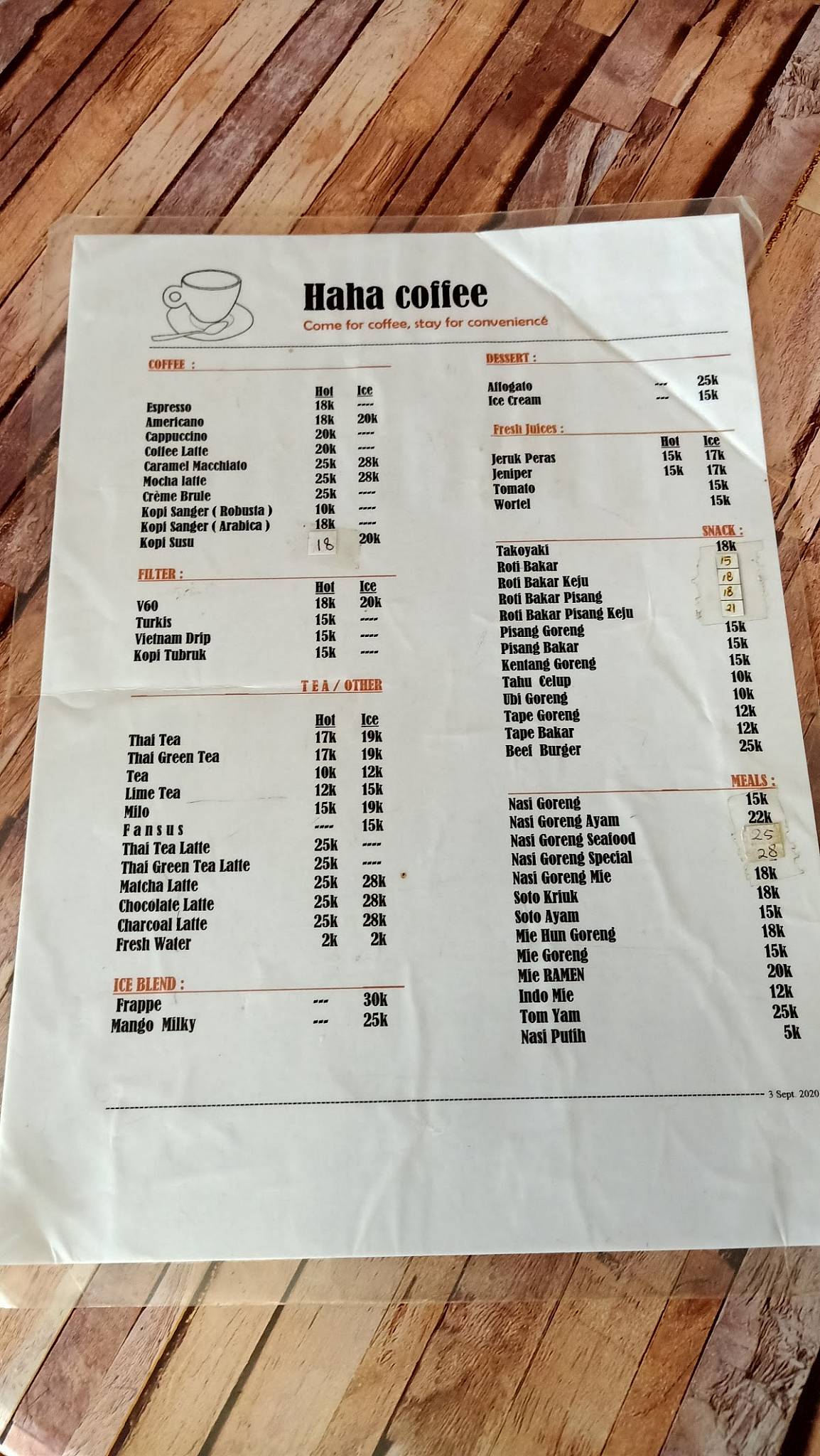 Menu at Haha Coffee cafe, Air Jamban, Jl. Kayangan