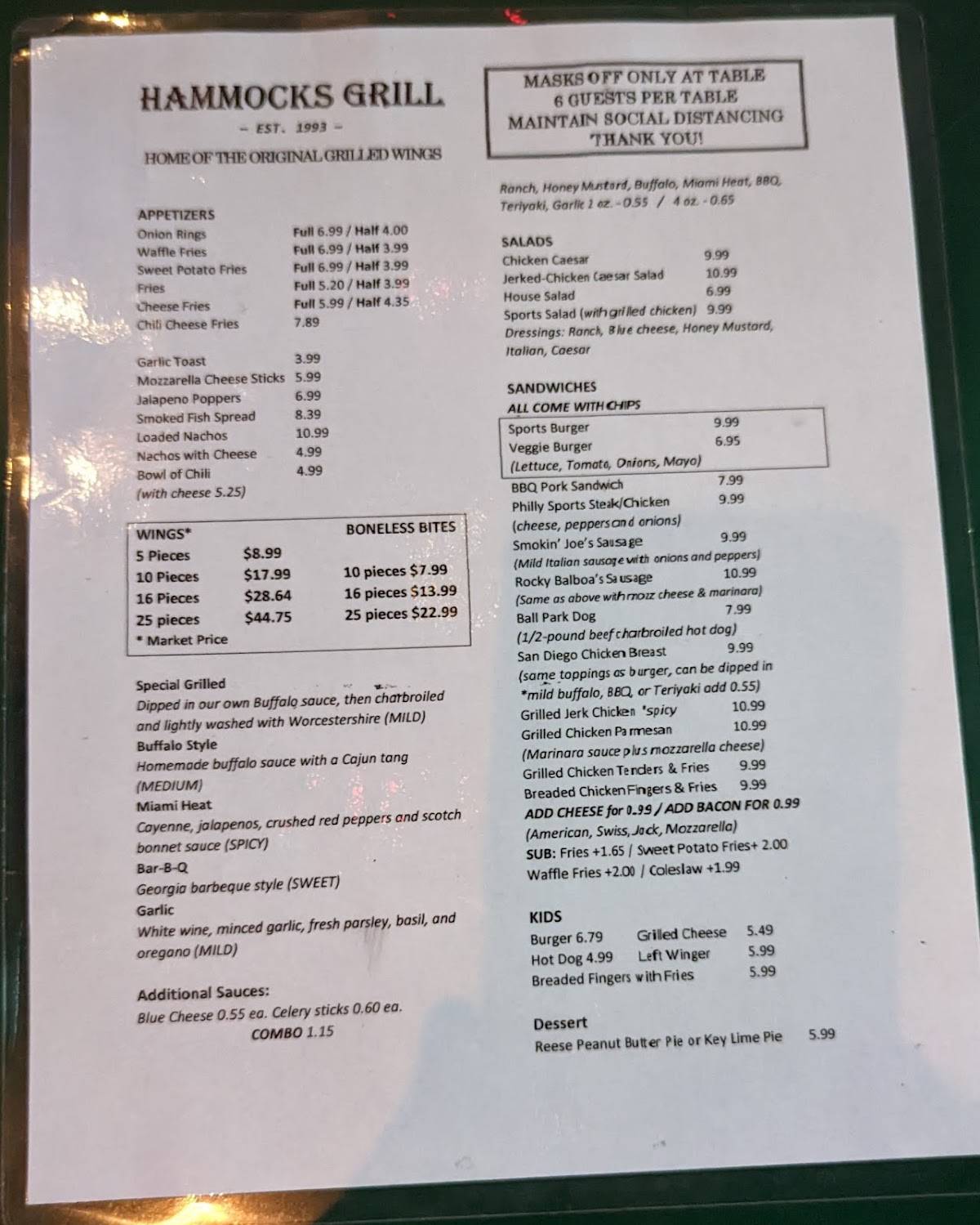 Menu at Hammocks Grill pub & bar, The Hammocks