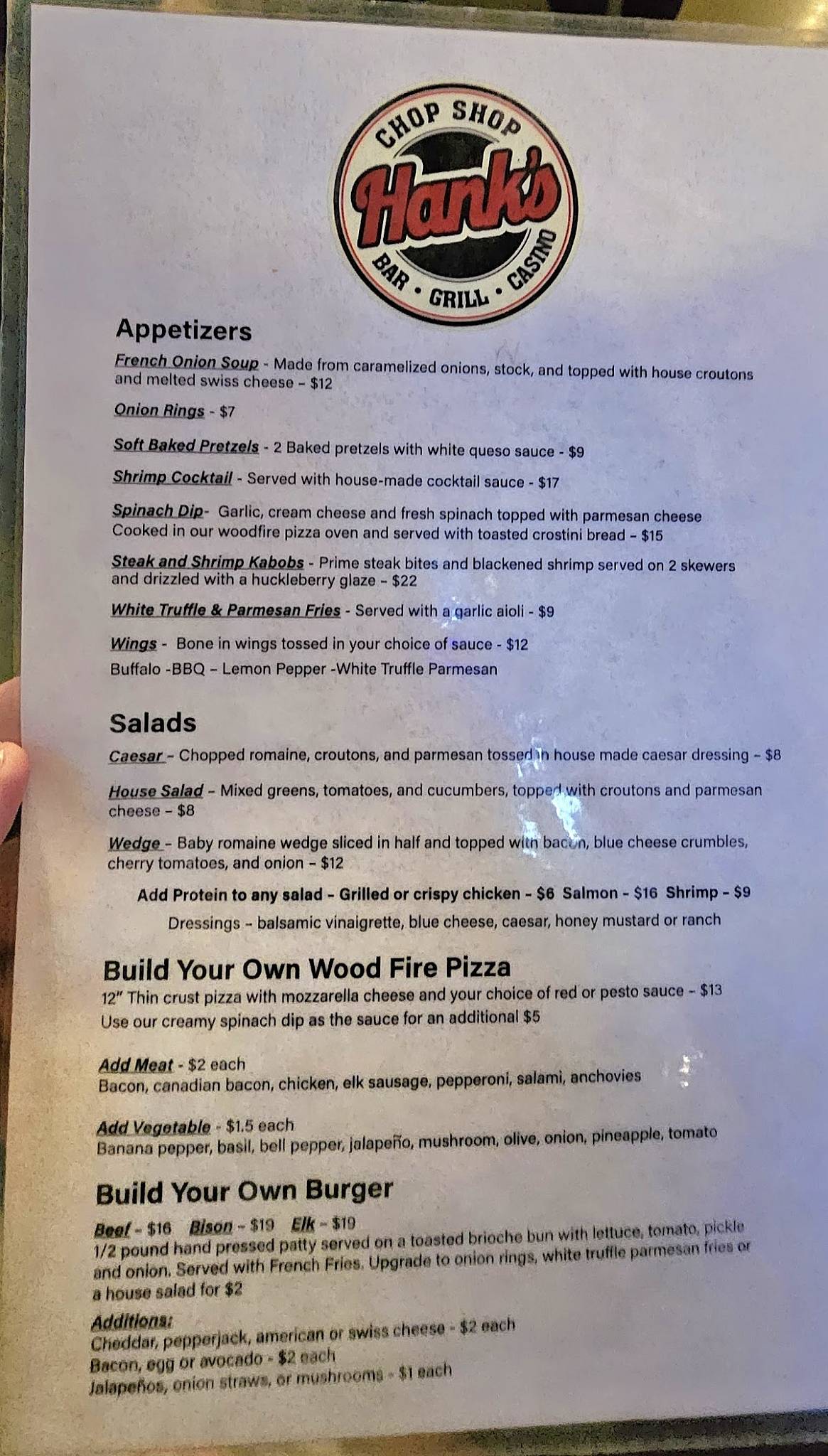 Menu at Hanks Chop Shop pub & bar, West Yellowstone