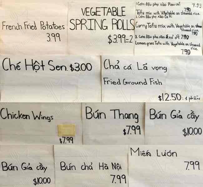 Menu at Hanoi Restaurant, Toronto