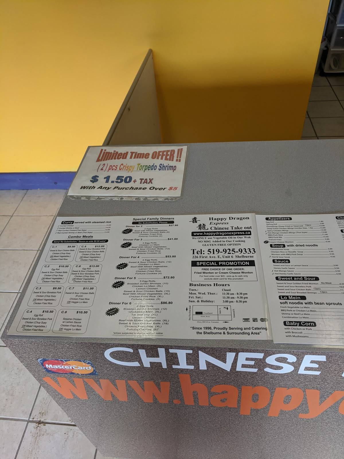 Menu at Happy Dragon Express restaurant, Shelburne