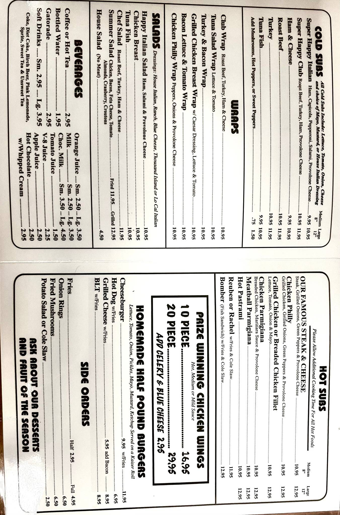 Menu at Happy Pappy's restaurant, Hollywood