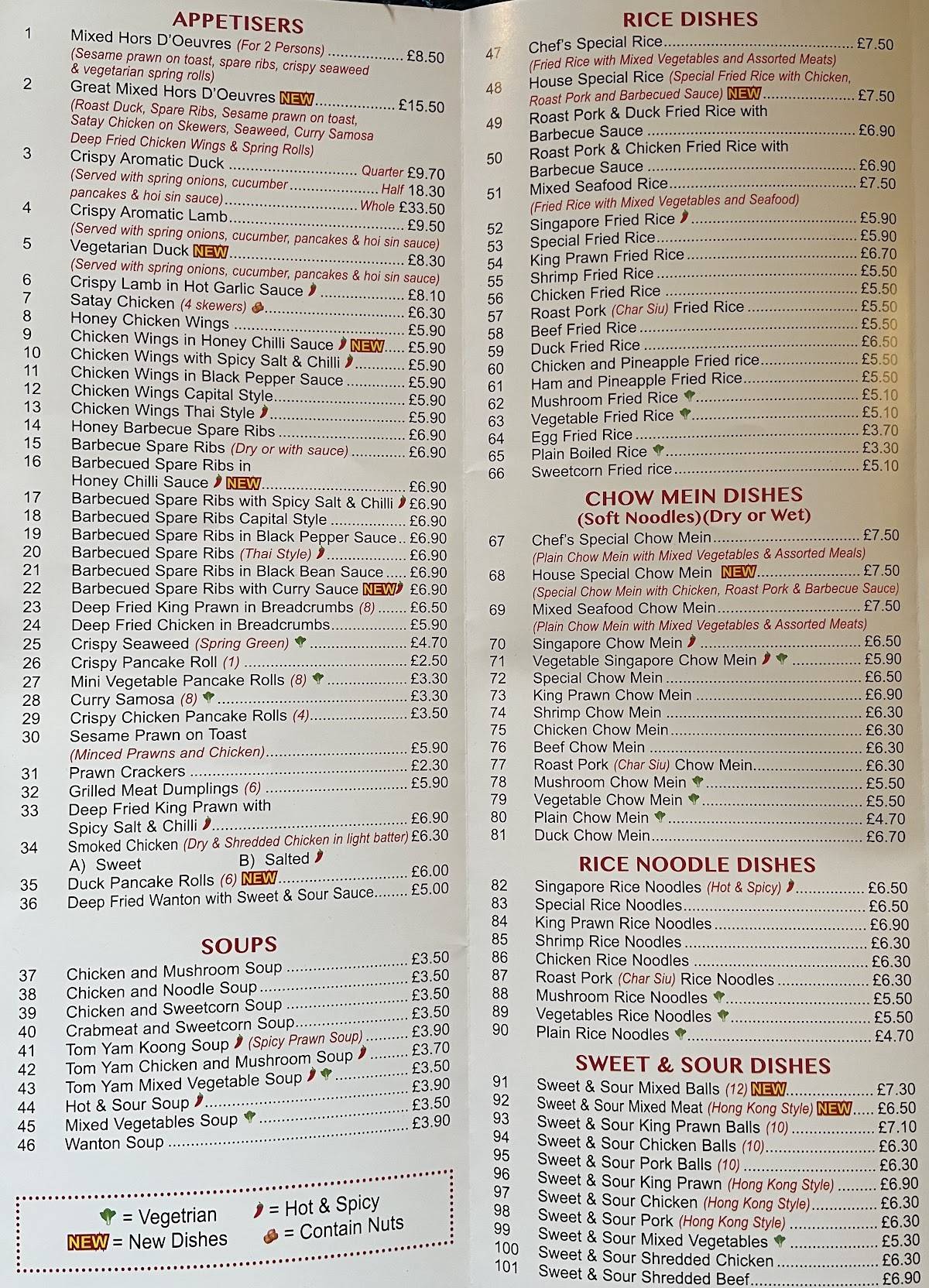 Menu at Happy Valley restaurant, Winchester