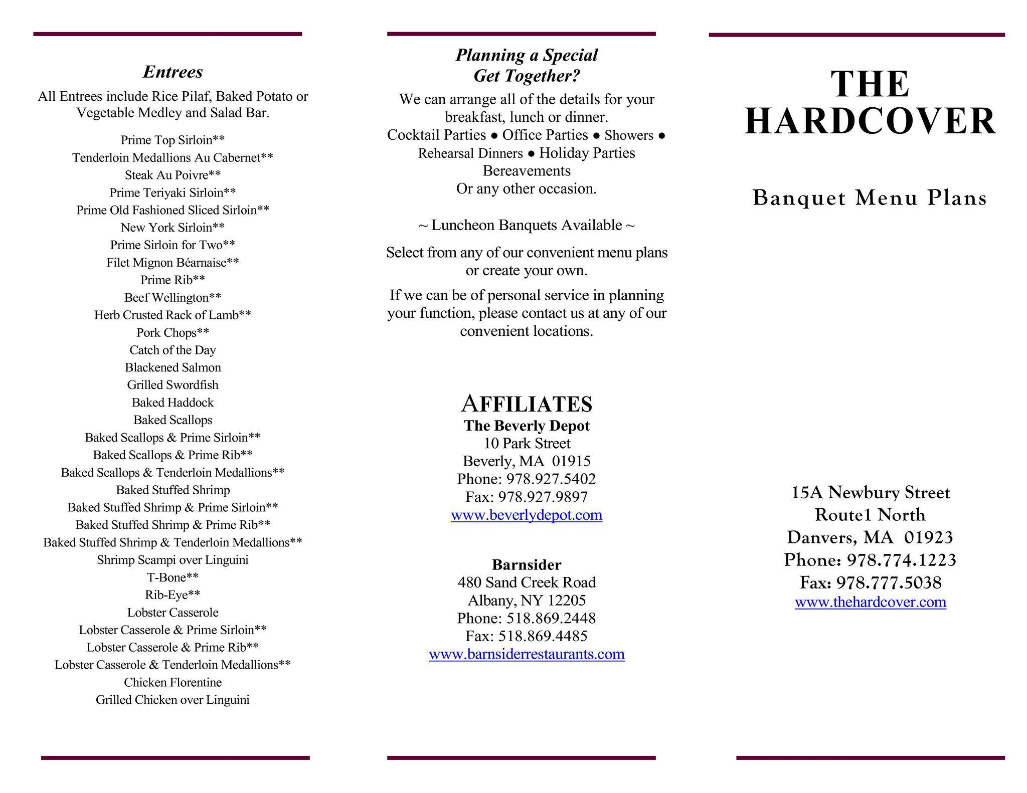 Menu at Hardcover Restaurant, Danvers