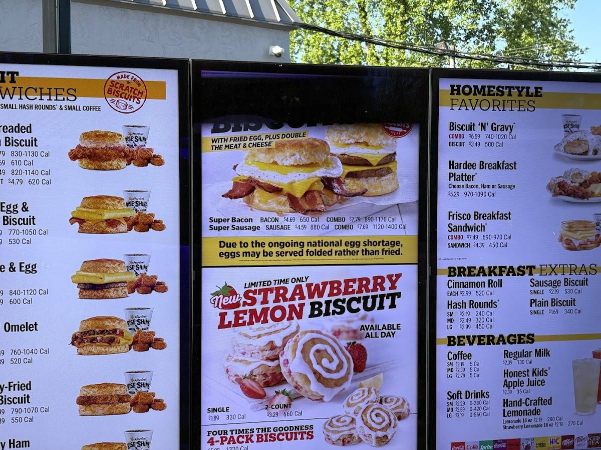 Menu at Hardee's fast food, Greer, E Wade Hampton Blvd