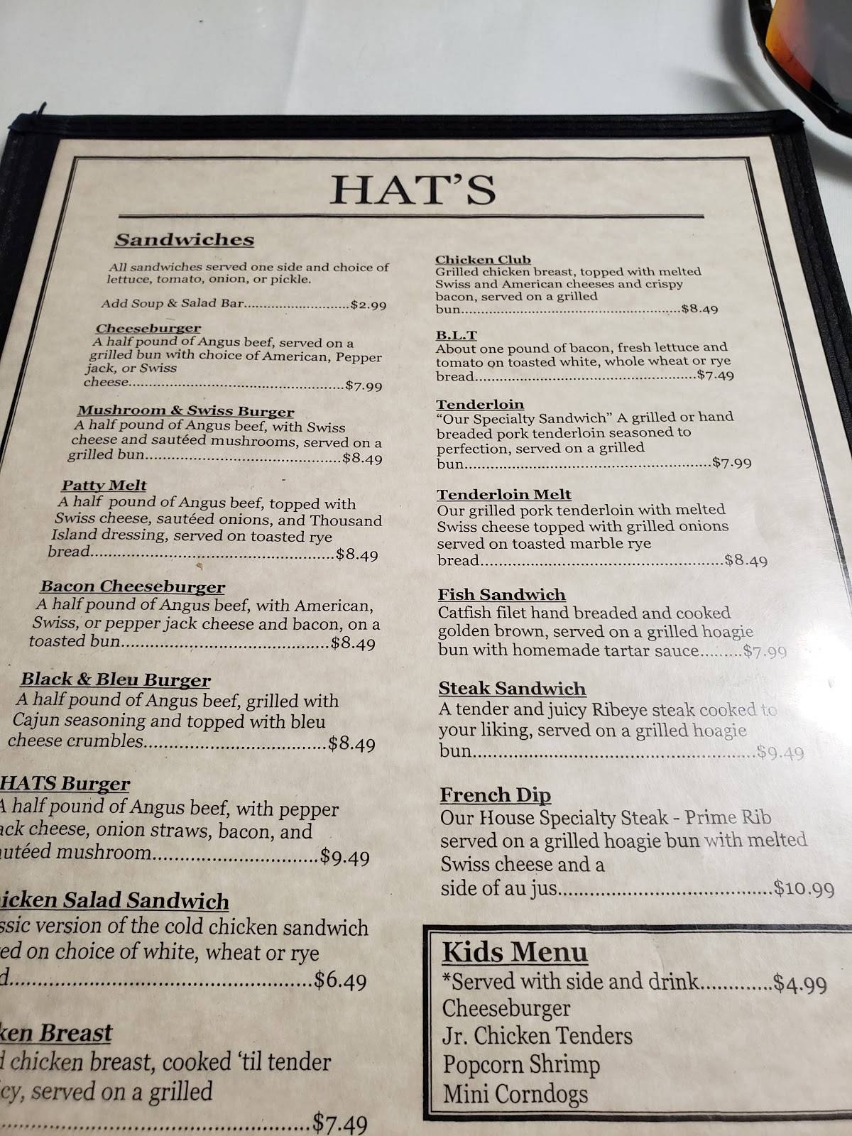 Menu at Hats Dugout restaurant, Palmyra, MO-168