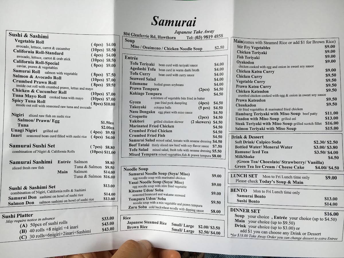 Menu at Samurai restaurant, Hawthorn