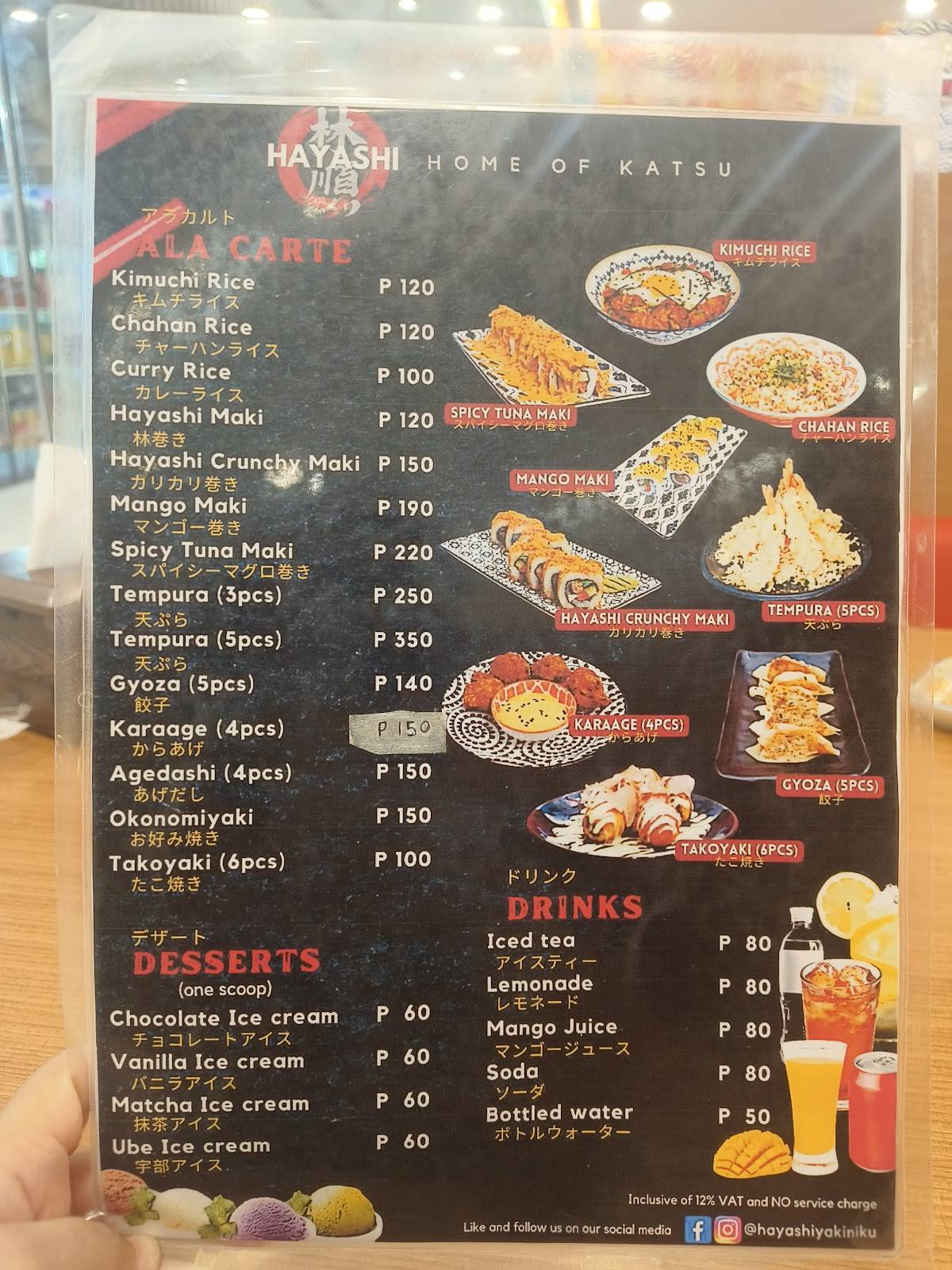 Menu at Hayashi Grace Mall restaurant, Taguig