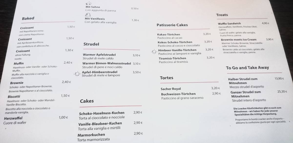 Speisekarte von Loacker cafe, Heinfels, Panzendorf 196