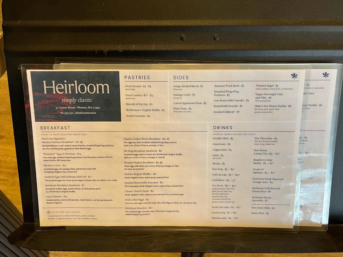 Carta del restaurante Heirloom, Weston