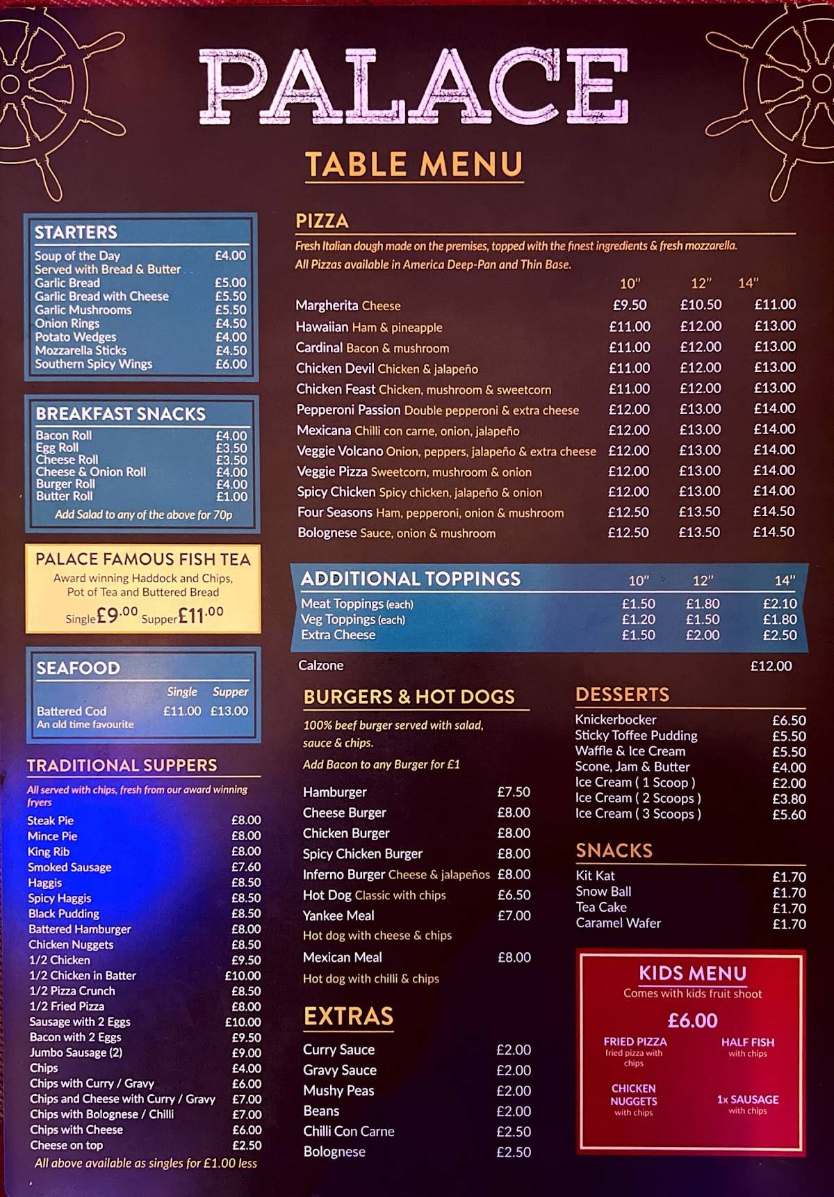 Menu at The Palace Restaurant, Helensburgh