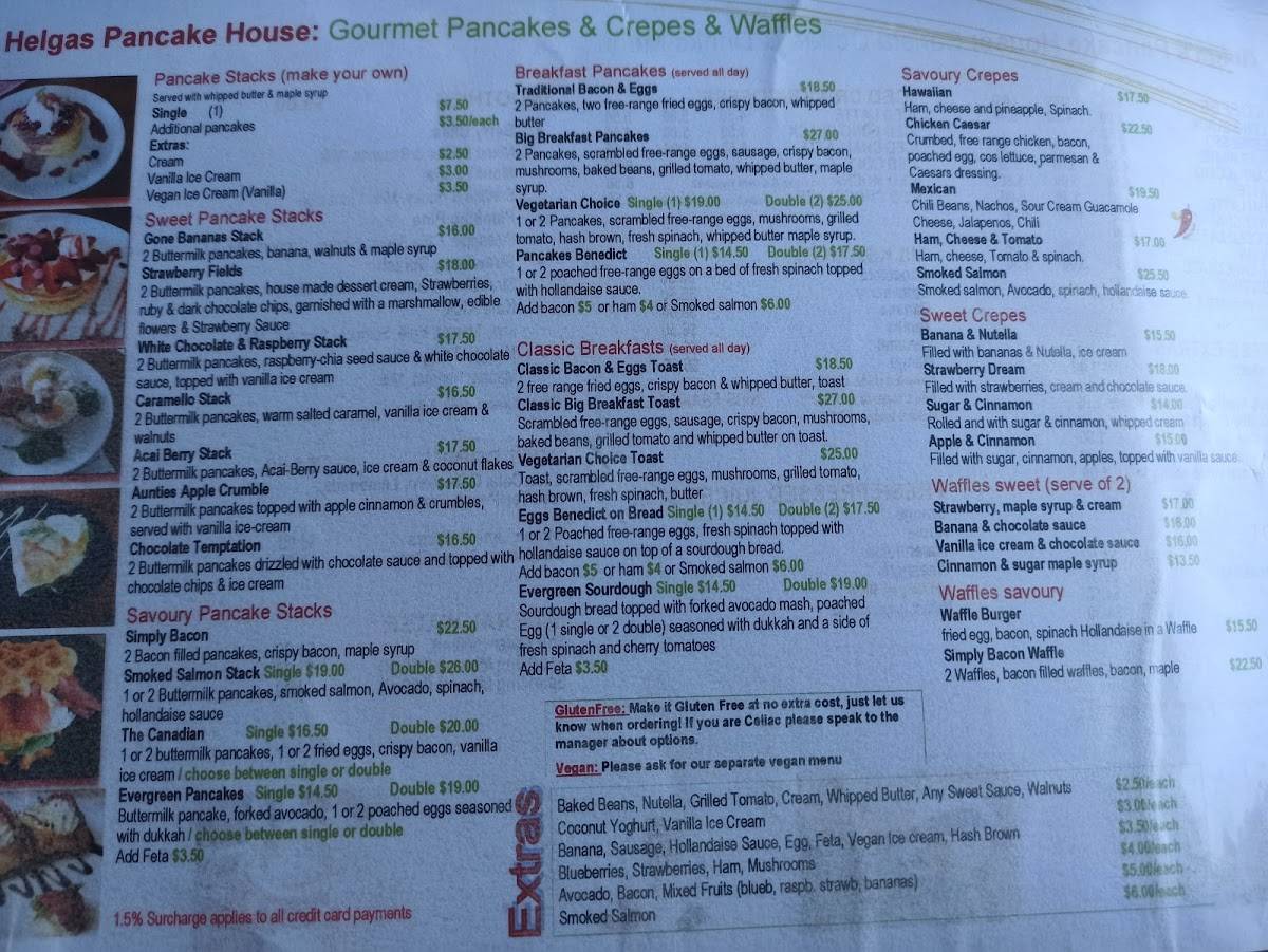 Menu at Helga's Pancake House cafe, Cairns City, 45-47 Spence St