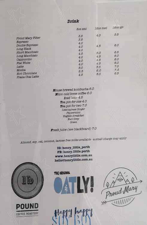 Menu at Henry Little cafe, Perth, 376/420 Wellington Street