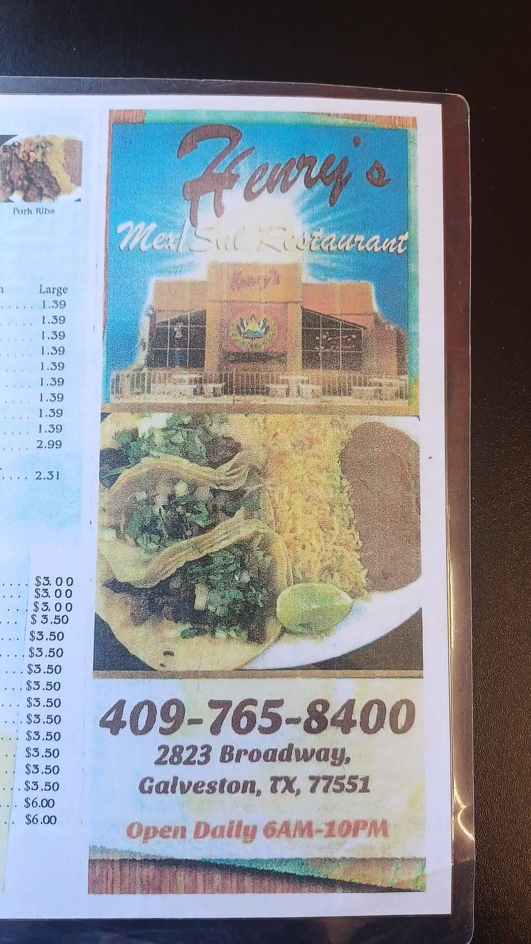 Menu at Henry's Mexican Restaurant, Galveston