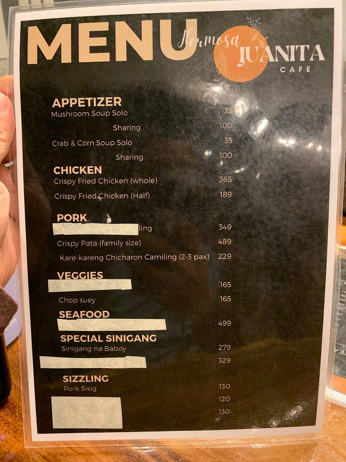 Menu at Hermosa Juanita Cafe, Camiling