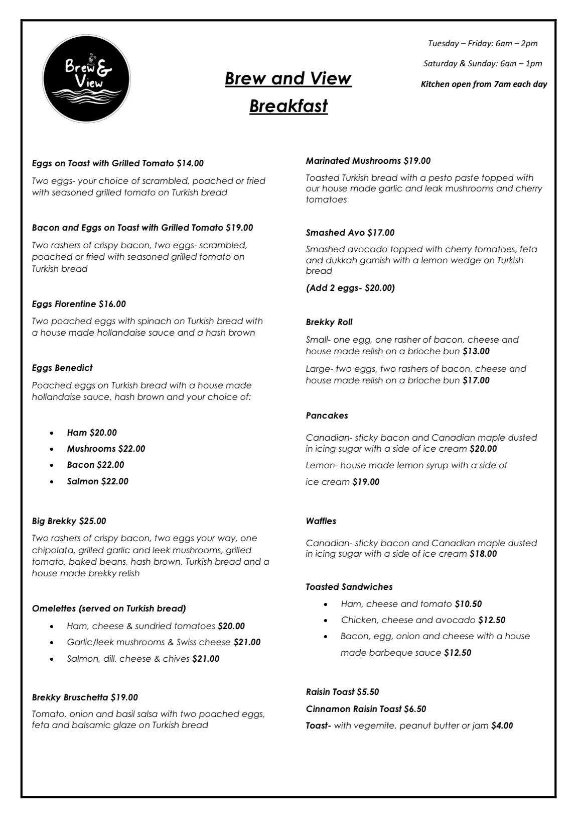 Menu at Brew & View cafe, Point Vernon