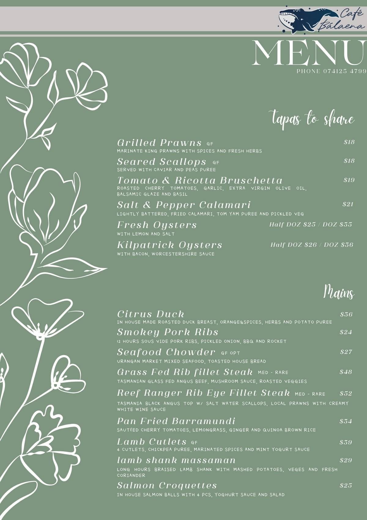 Menu at Marina Balaena restaurant, Urangan
