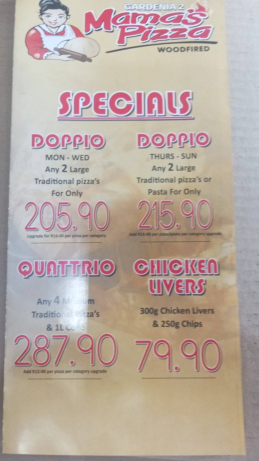 Menu at Heuwelsig Mama's Pizza pizzeria, Bloemfontein