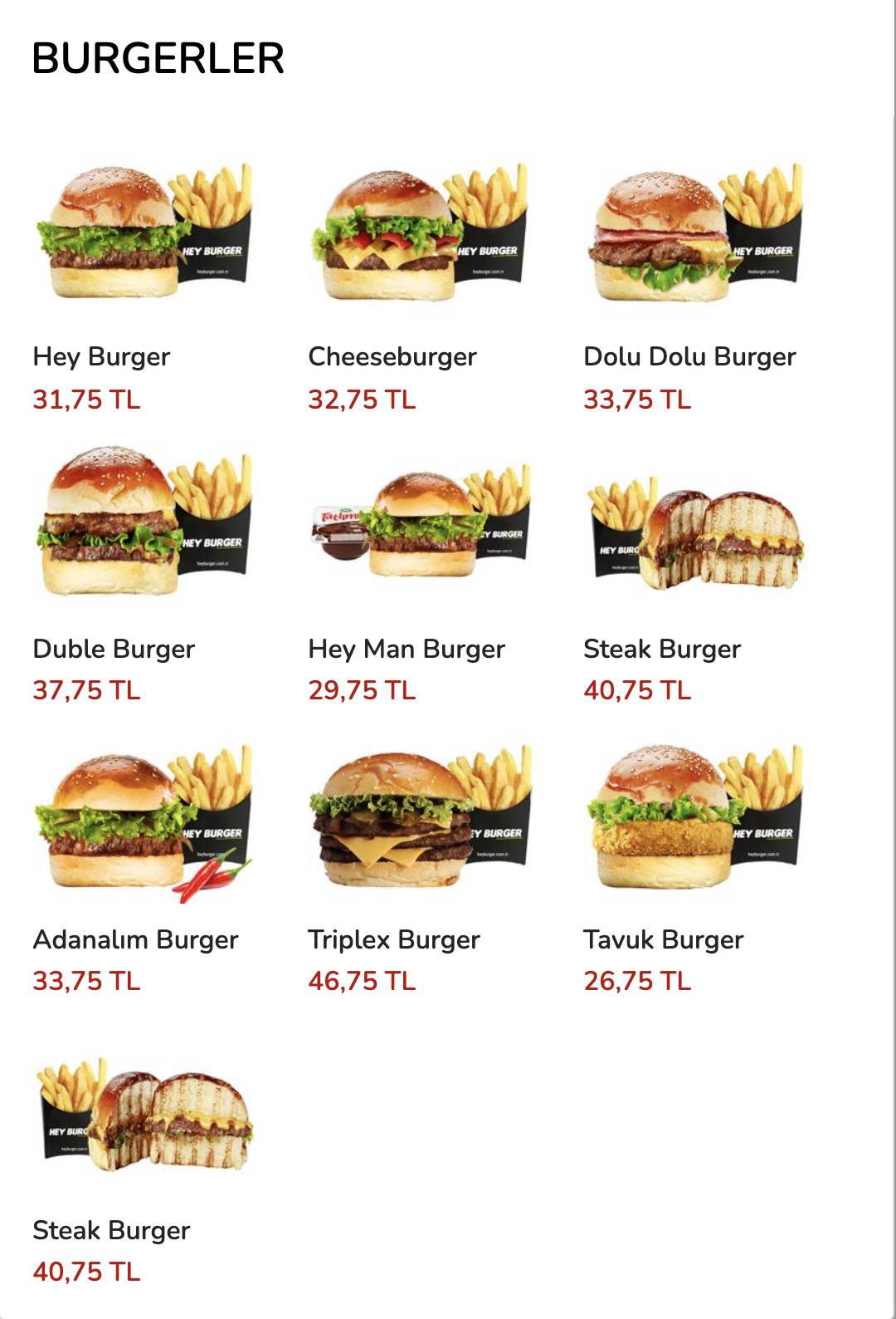 Carta del restaurante Hey Döner & Burger Bahçeşehir, Estambul