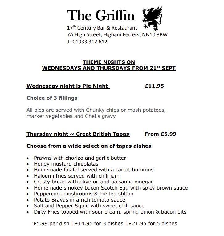 Menu at The Griffin Inn pub & bar, Rushden