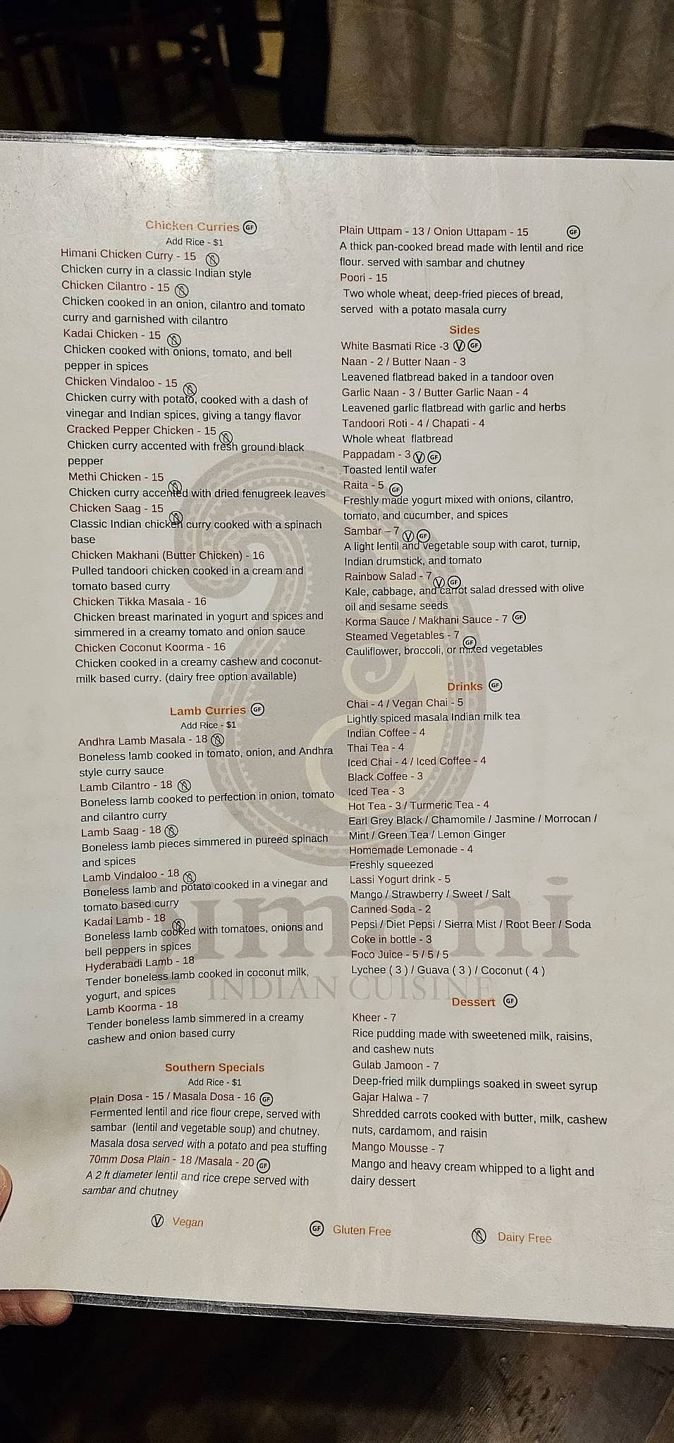 Menu at Himani Indian Cuisine restaurant, Astoria