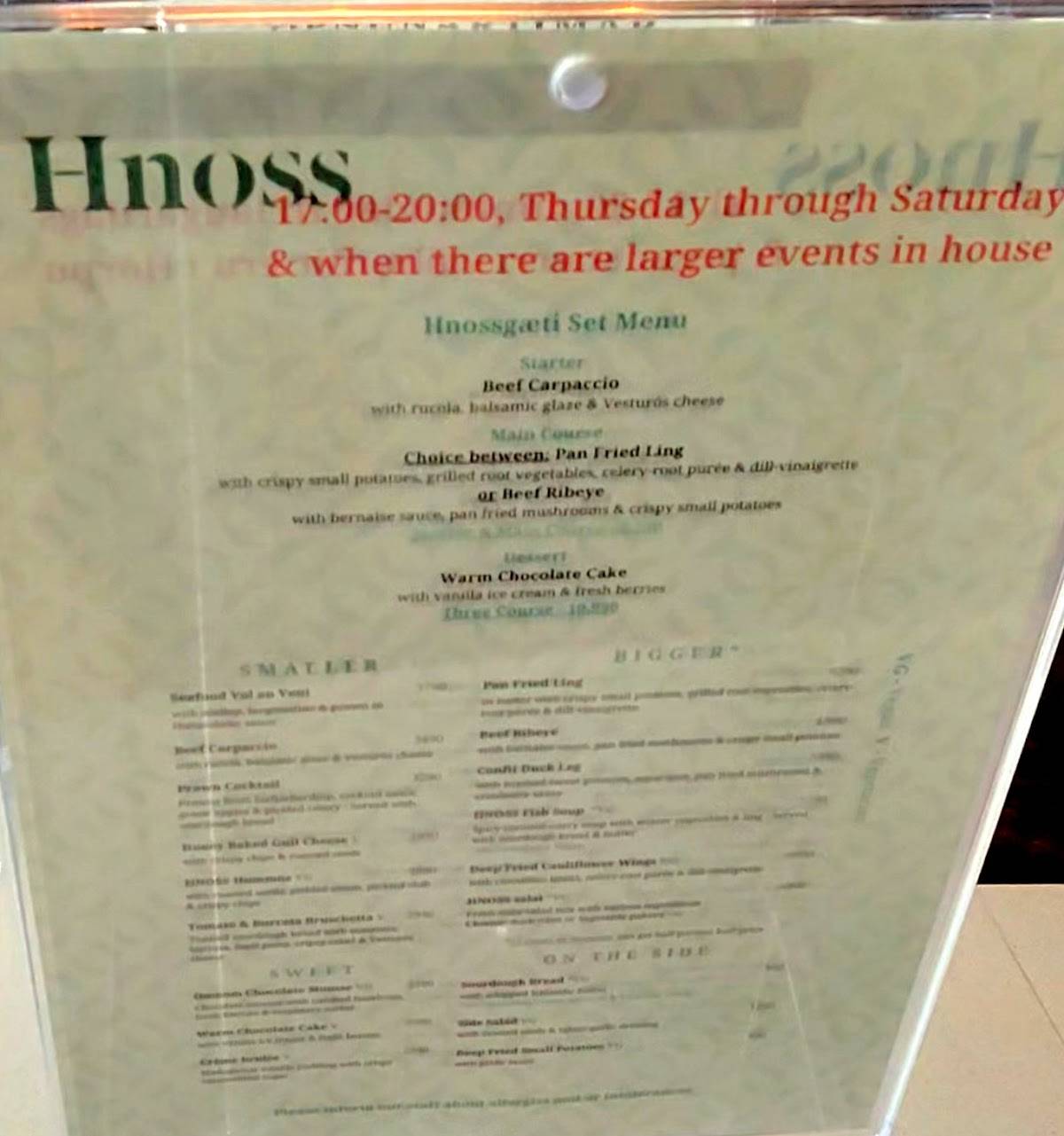Menu at Hnoss restaurant, Reykjavík