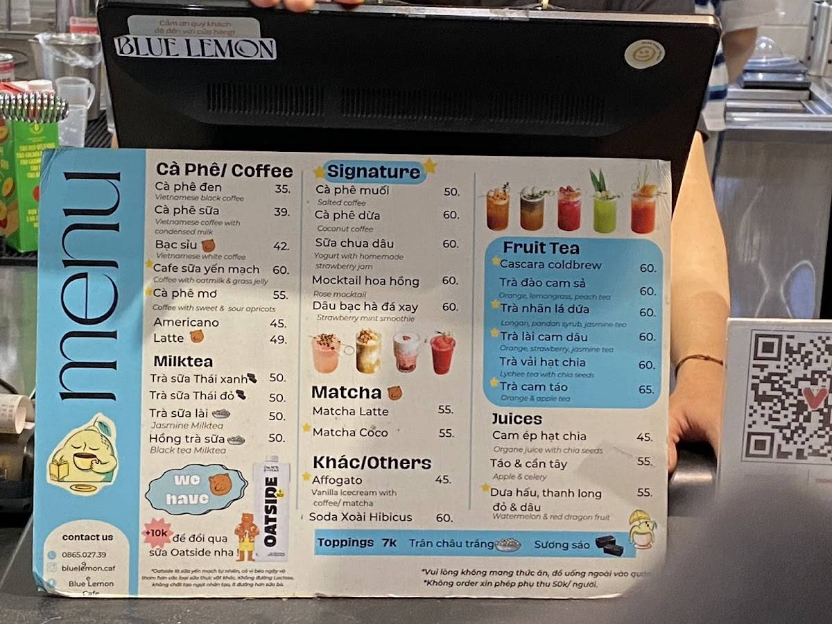 Menu at BLUE LEMON CAFE, Ho Chi Minh City