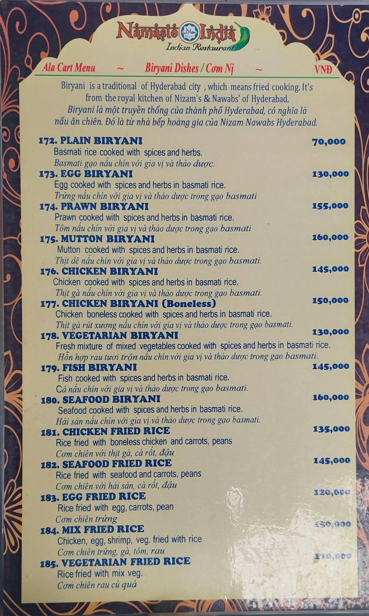 Menu at Namaste India Restaurant, Ho Chi Minh City, 189 Đ. Bùi Viện