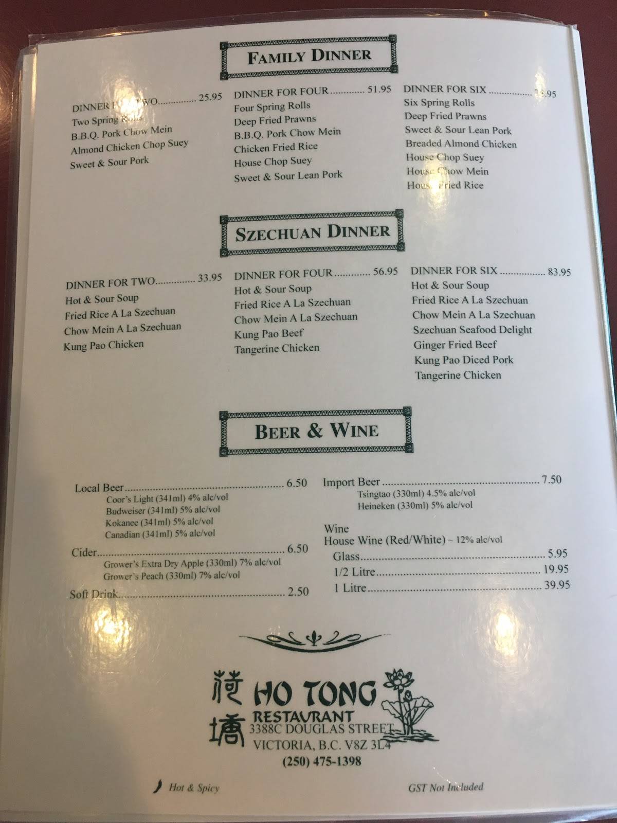 Menu at Ho Tong Restaurant, Victoria, Douglas St
