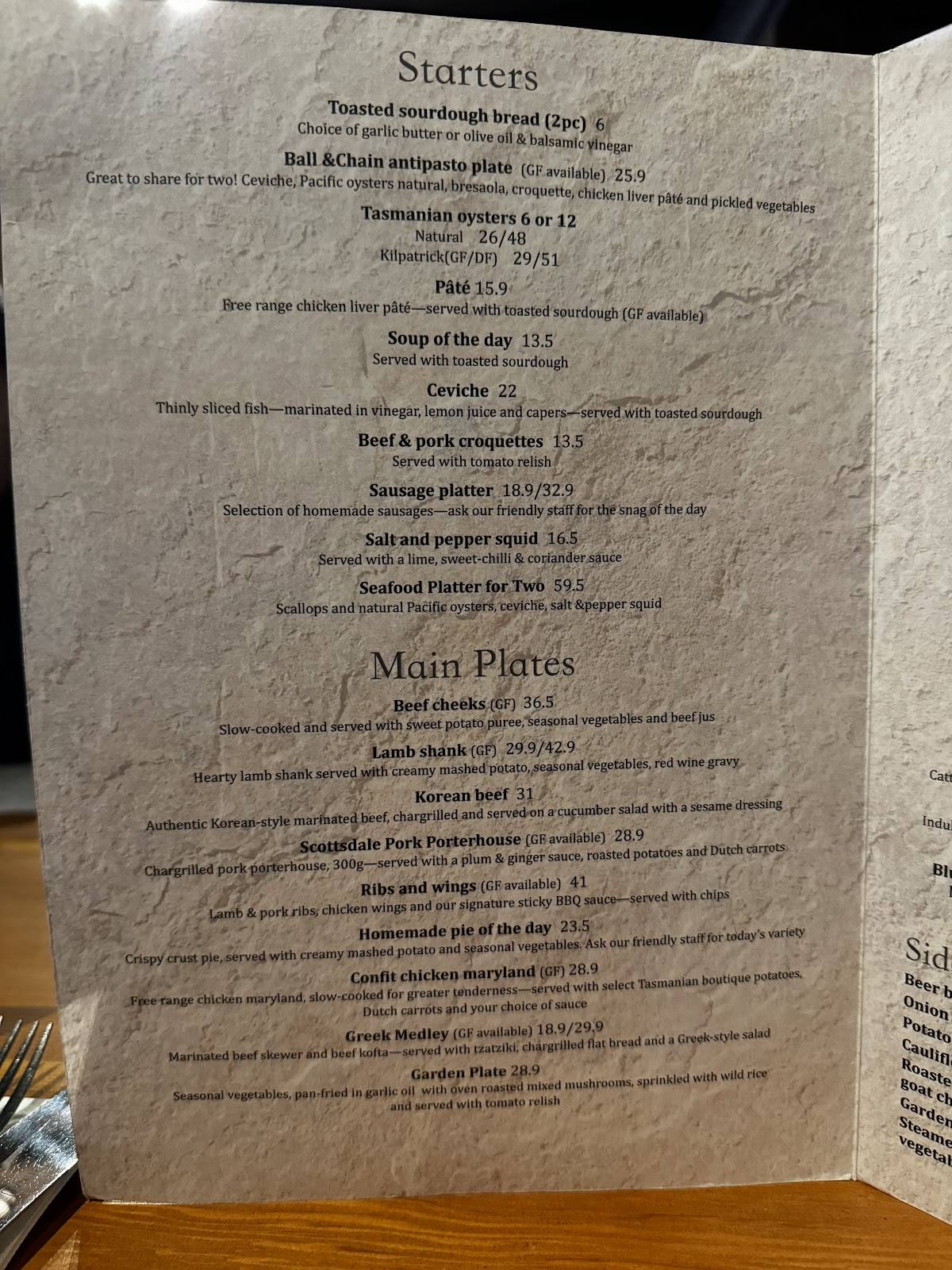 Menu at Ball & Chain Grill steakhouse, Hobart
