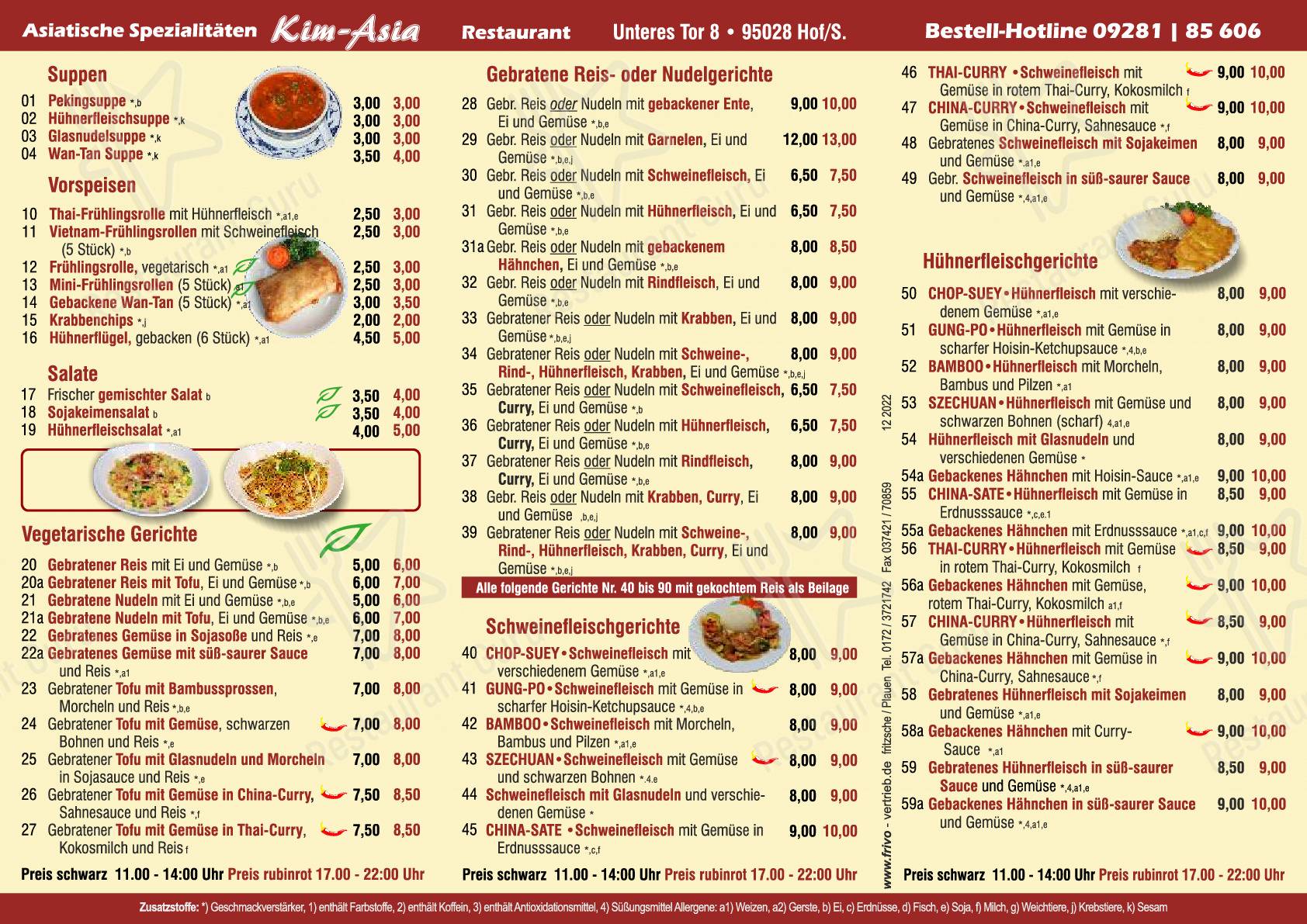 Carta de Kim Asia Restaurant, Hof