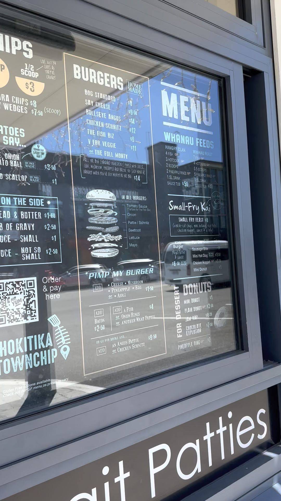 Menu at Hokitika Townchip restaurant, Hokitika