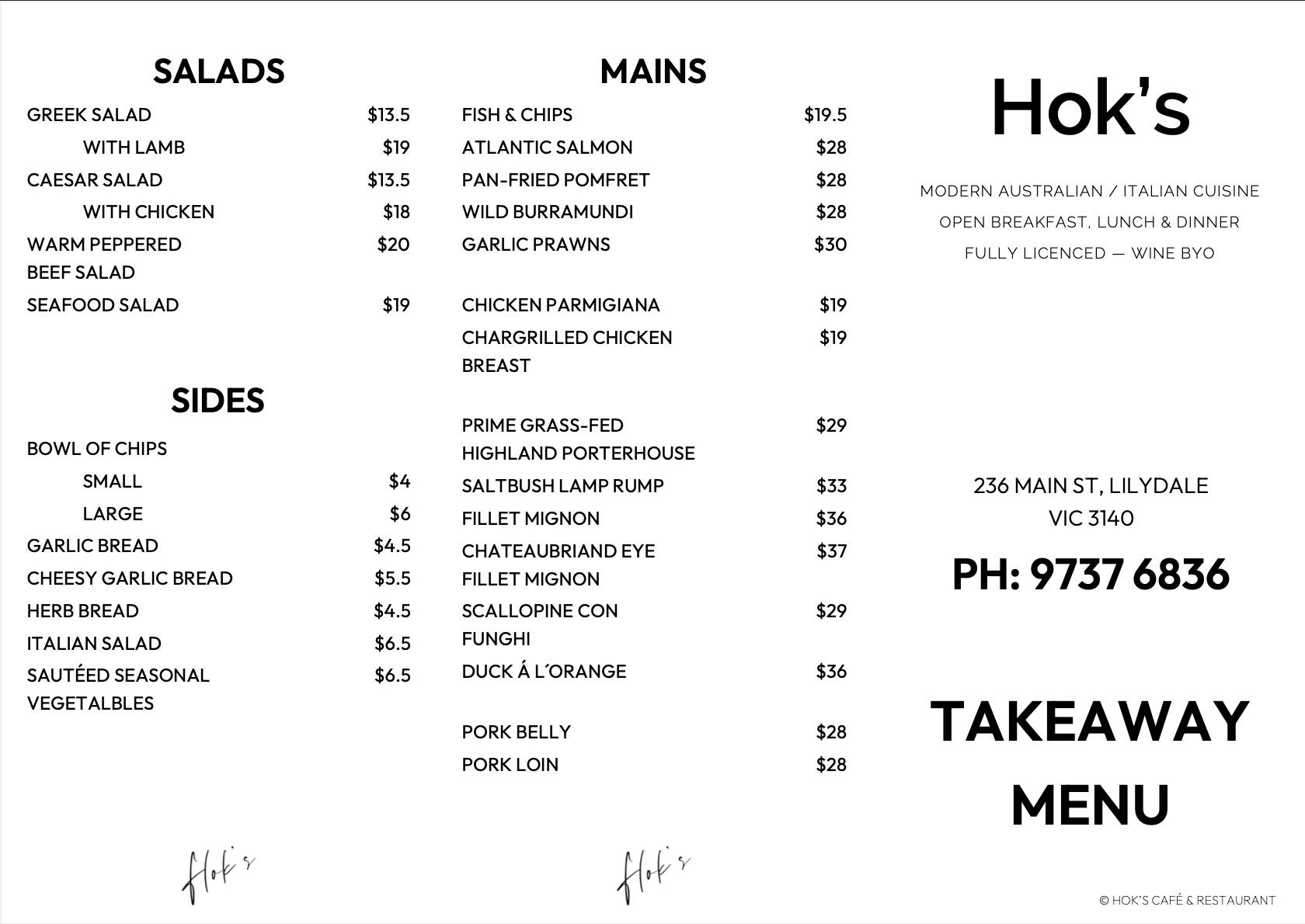 Menu at Hok's Cafe & Restaurant, Lilydale