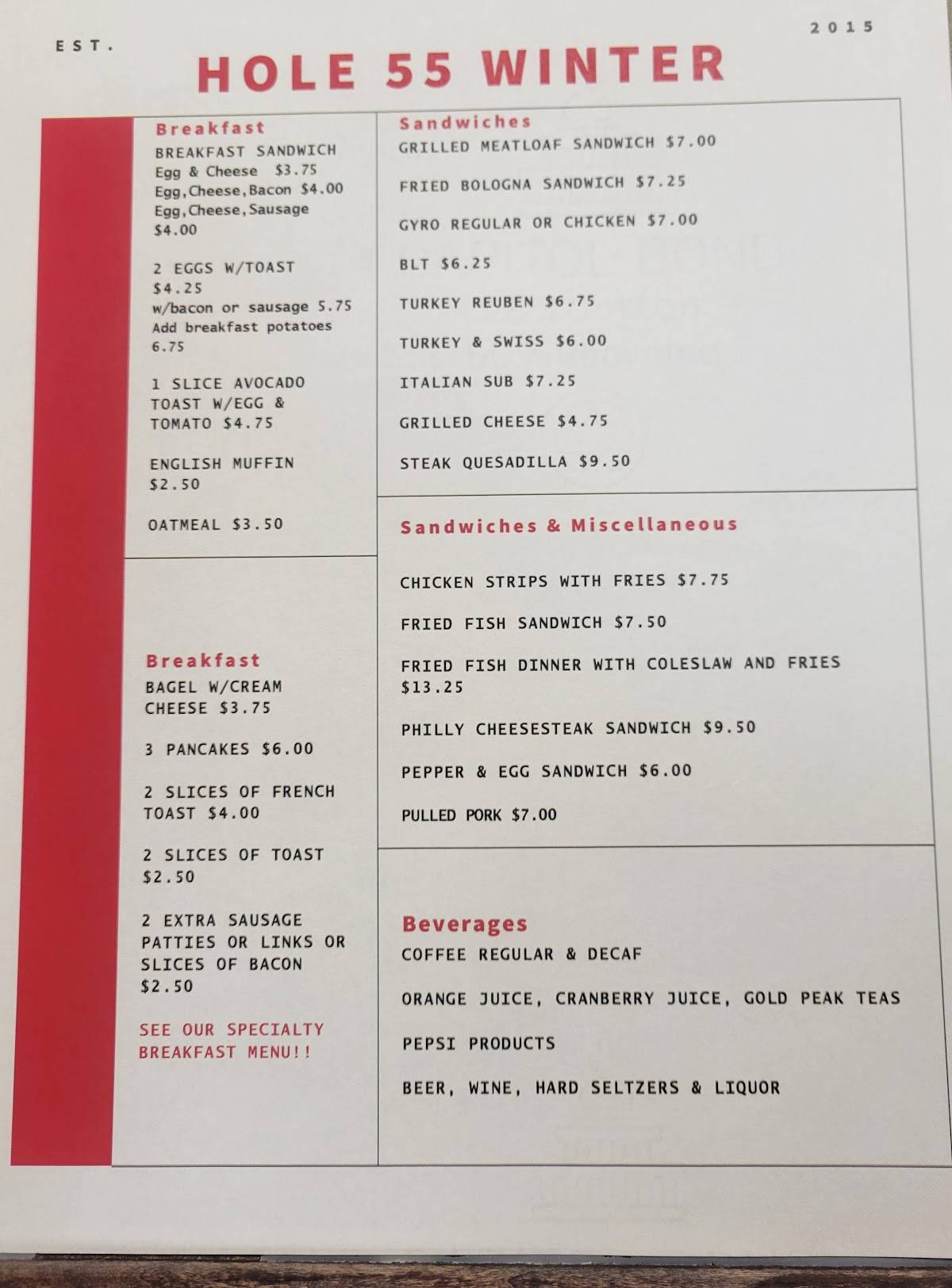 Menu at Hole 55 Bar & Grill, Boardman